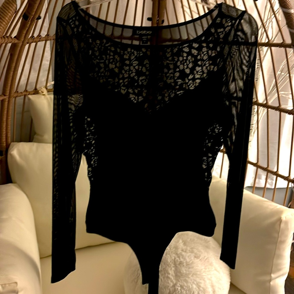 Bebe Black Lace Sheer Body Suit Blouse - Gem
